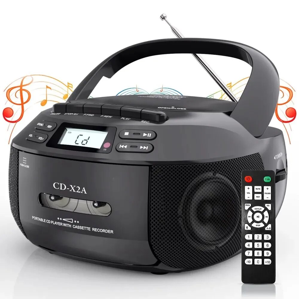 HongDiJia Магнитола CD/MP3/USB/Кассета, 10 Вт, FM/AM, Bluetooth, черный