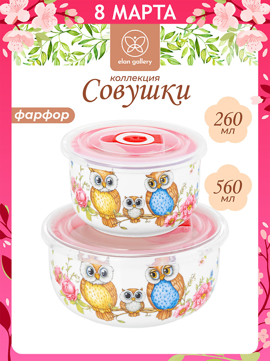 Набор 2 салатников Elan Gallery Совушки, 560 мл + 260 мл, с крышками