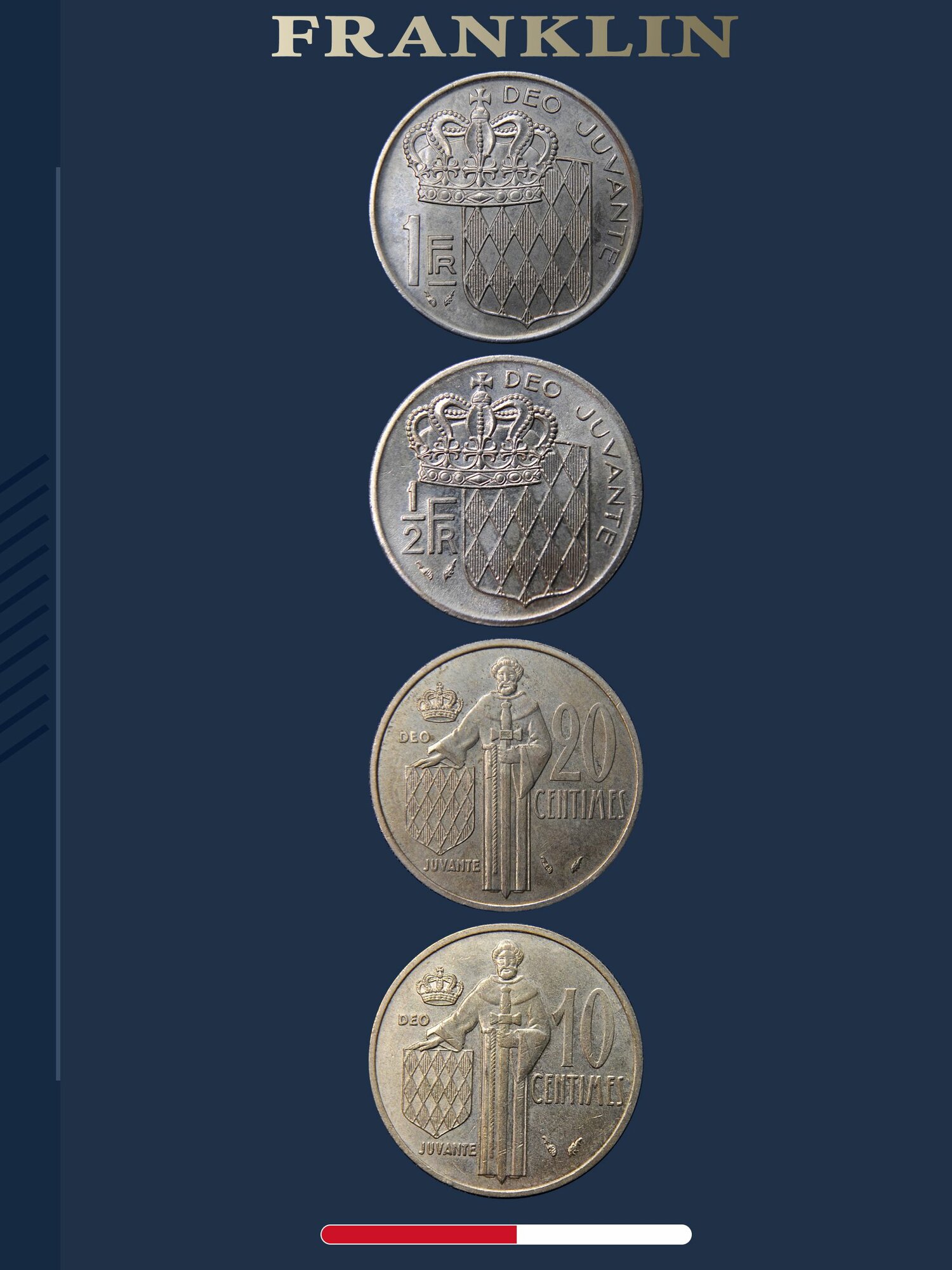 Набор монет Монако 1 франк 1979, 1/2 франка 1978, 20 сентимов 1978, 10 сентимов 1979 год. Ренье III