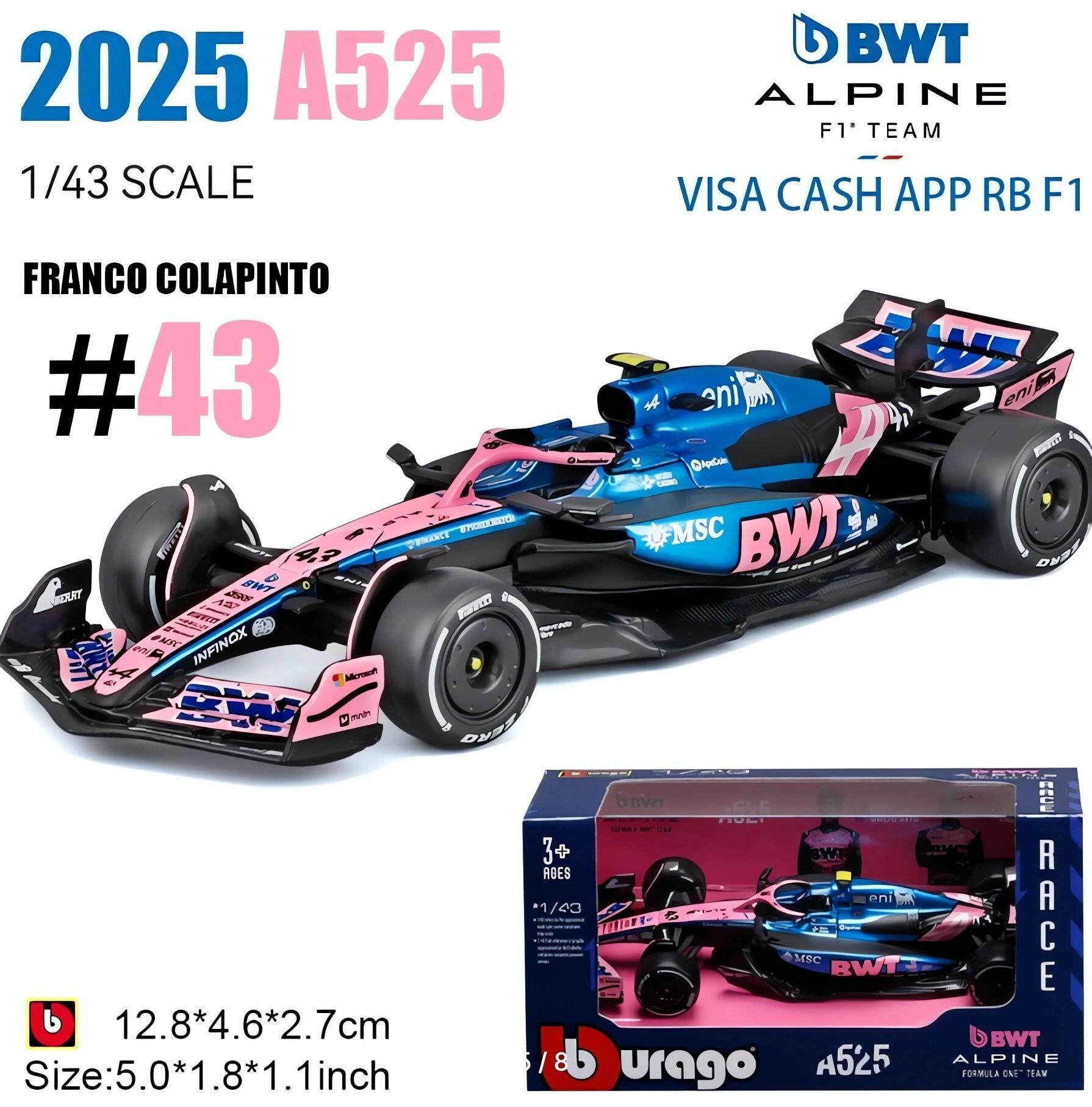 Металлическая коллекционная модель "Bburago" болида "Альпин" Франко Колапинто. (Franco Colapinto "Alpine" A525 №43) Формула-1. Сезон 2025. Масштаб 1:43
