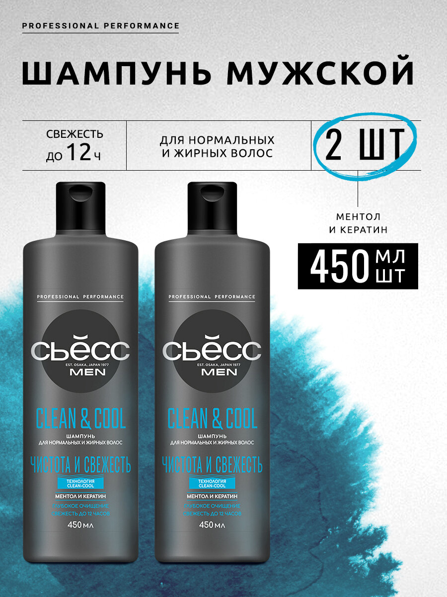 Набор сьёсс Шампунь мужской Clean & Cool для нормальных и жирных волос, глубокое очищение, 450 мл, 2 шт
