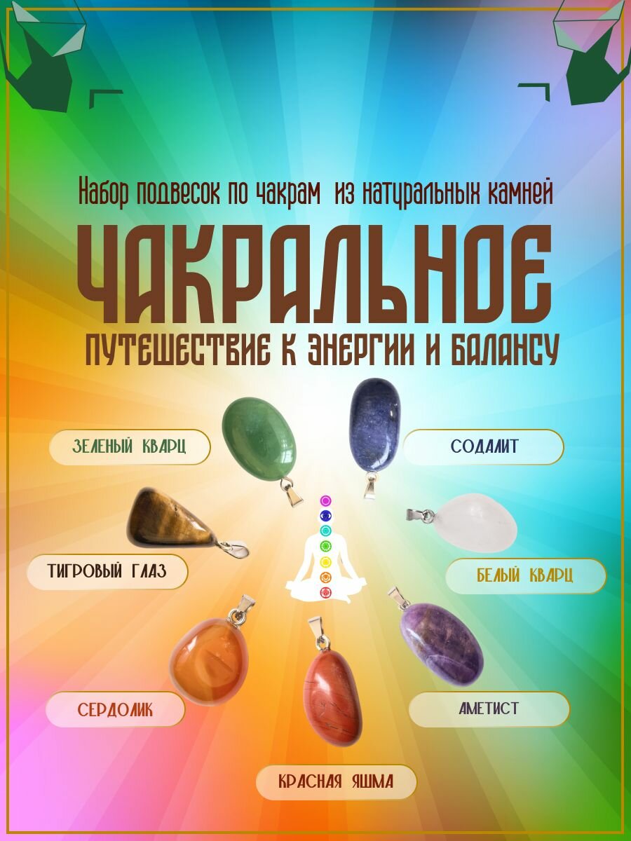 Комплект подвесок, кварц, сердолик, аметист, тигровый глаз, яшма, содалит, горный хрусталь