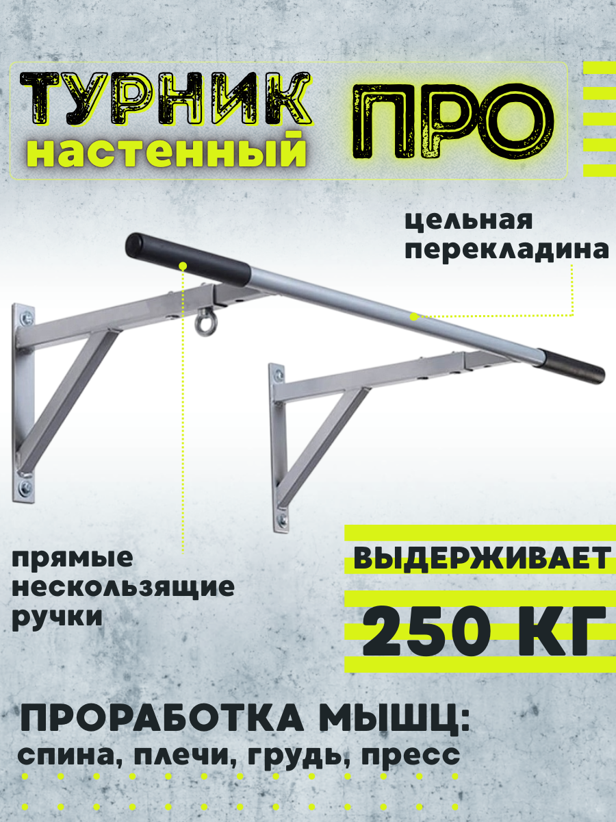 Турник двуххватный Про (прямой) настенный, с прорезиненными ручками