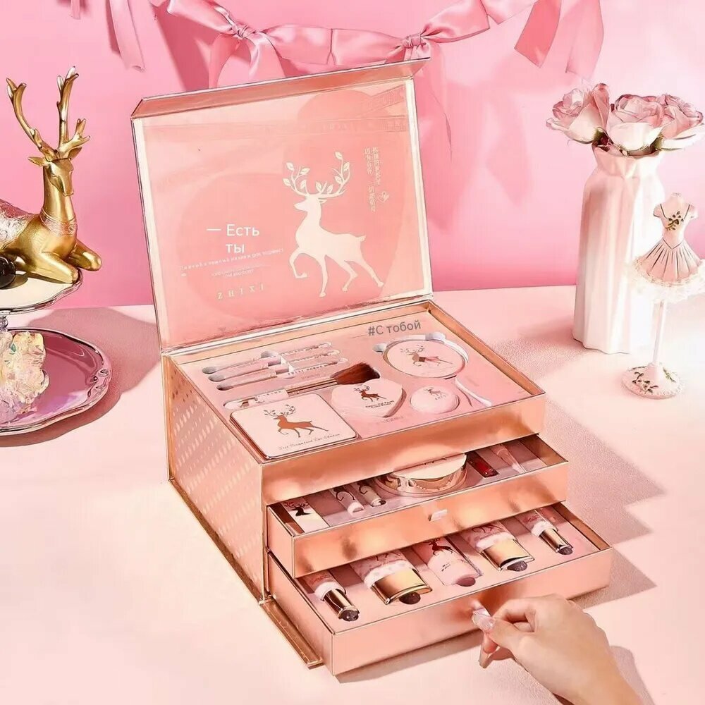 Подарочный набор для макияжа GlamourBox Pro Look : 12 предметов (тональный крем, пудра, тени, подводка) в косметичке - подарок подруге на день рождения