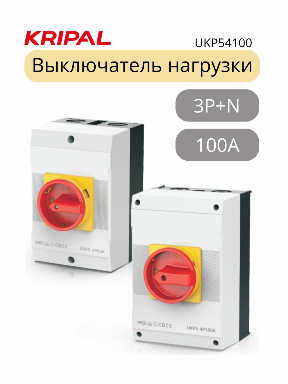 Выключатель нагрузки силовой в корпусе, 3Р+N, 100А, 440VAC, красная блокируемая рукоятка, IP65 (Kripal)