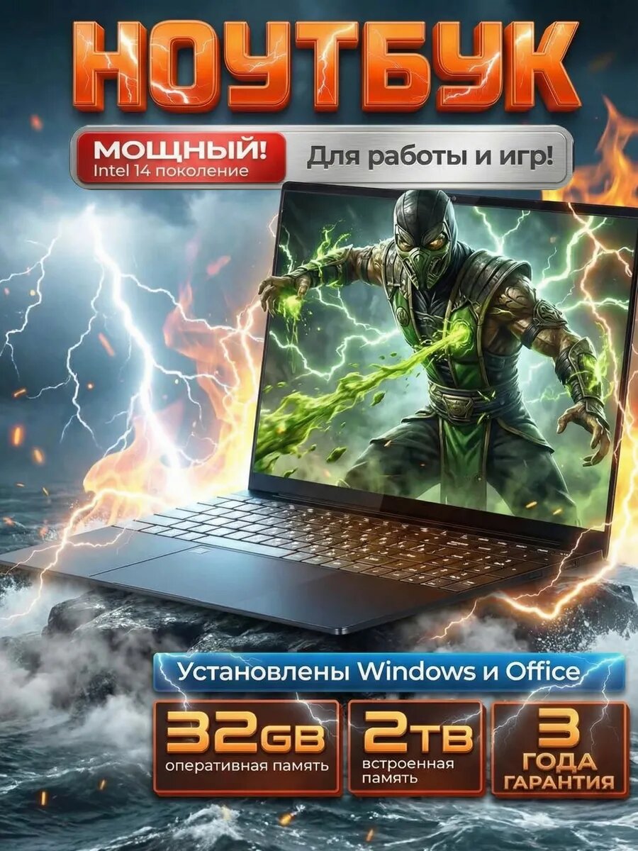 Ноутбук игровой 2026 N-Series, RAM 32GB, SSD 2048GB, IPS + Windows