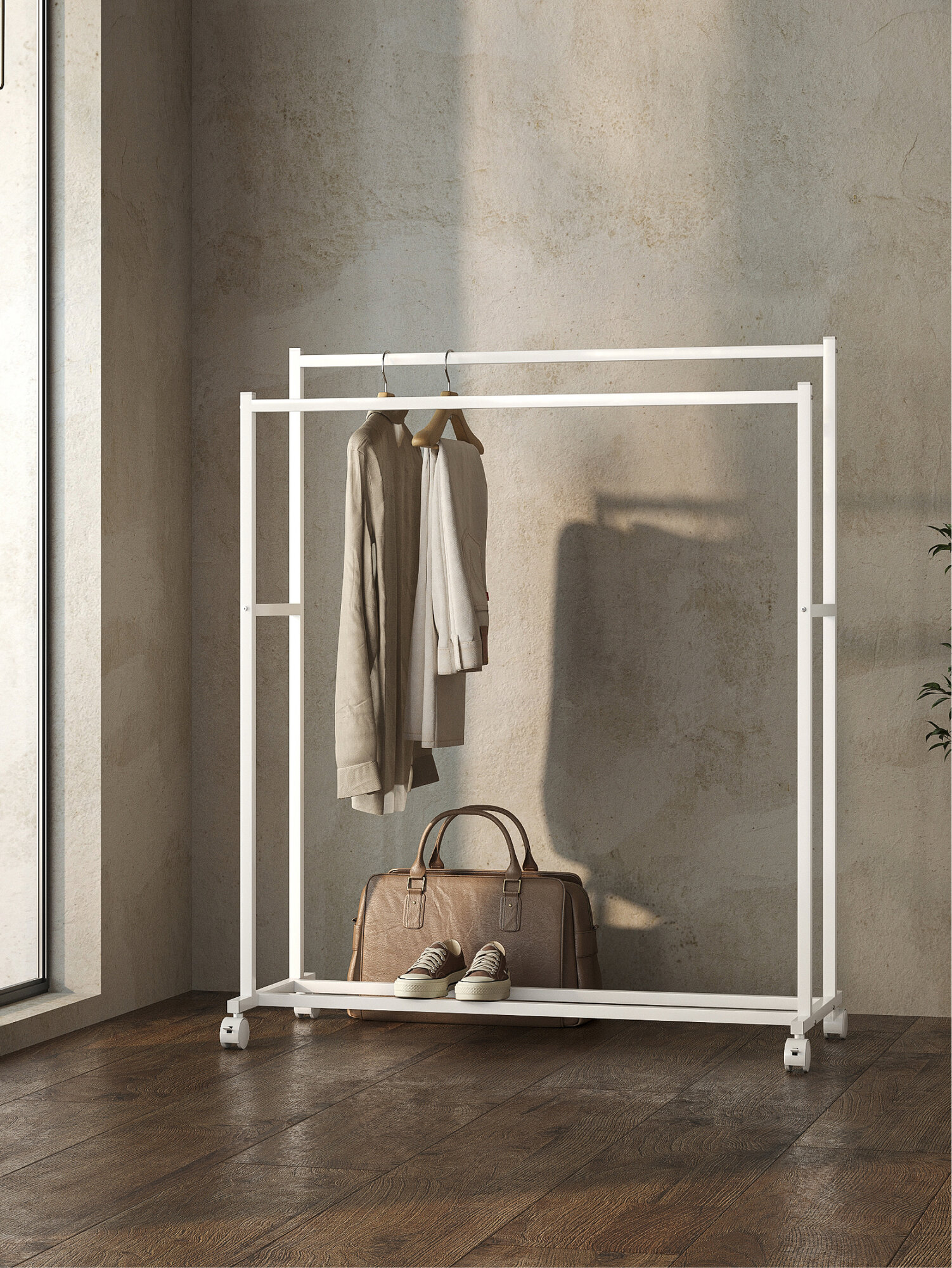 Вешалка напольная для одежды Vidovito, открытая стойка для хранения, 2 рейла, в гостиную, металл, белая, 126х103,5х42 см