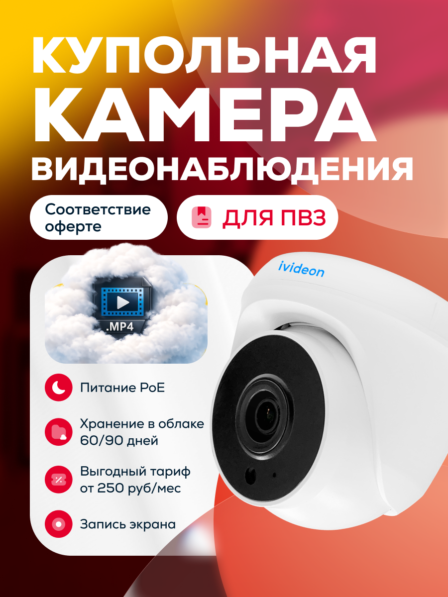 Камера видеонаблюдения для ПВЗ Ivideon c проводным интернетом, 2Мп, ИК-подсветка