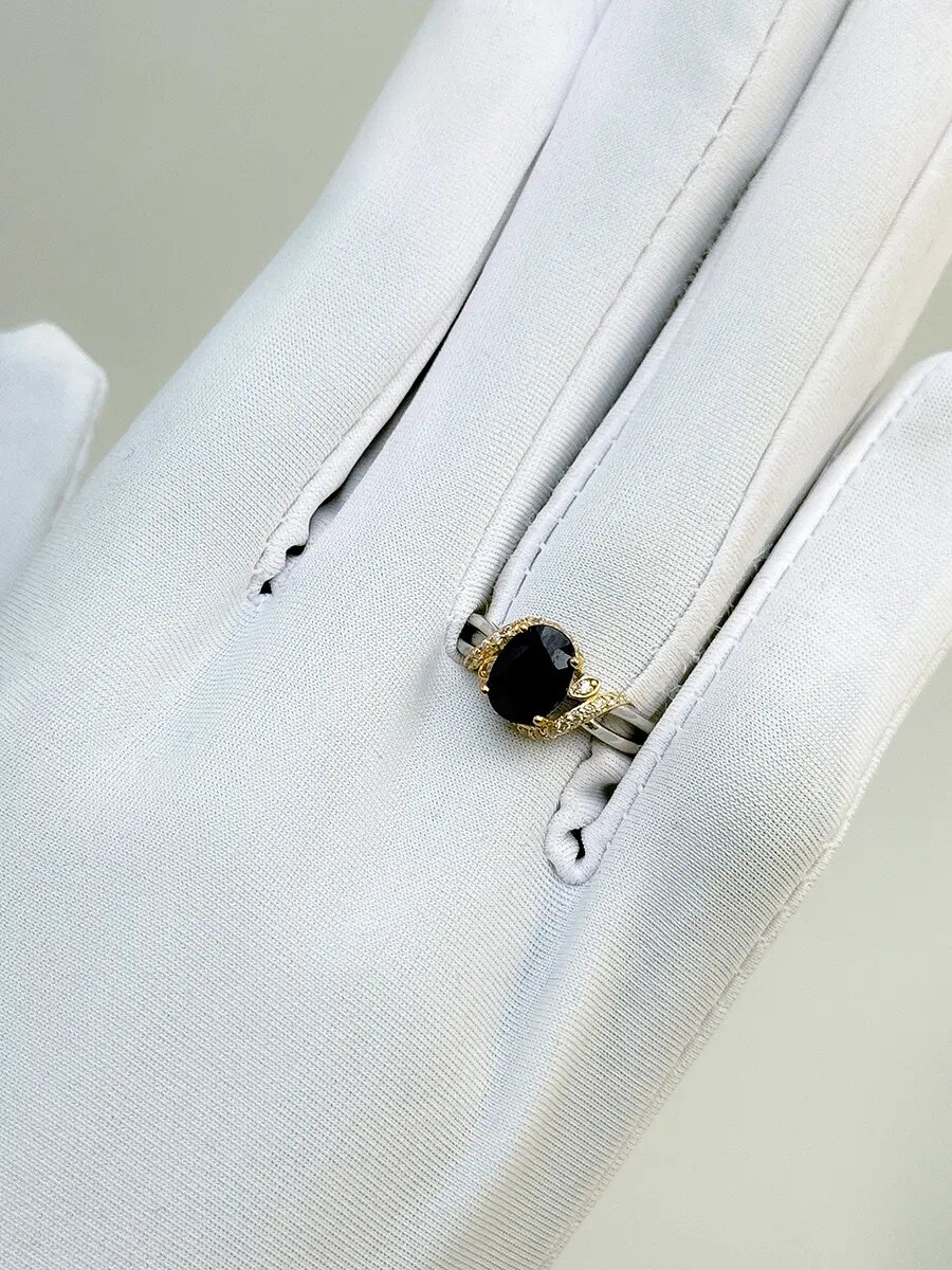 Кольцо, серебро, 925 проба, золочение, родирование, сапфир, фианит