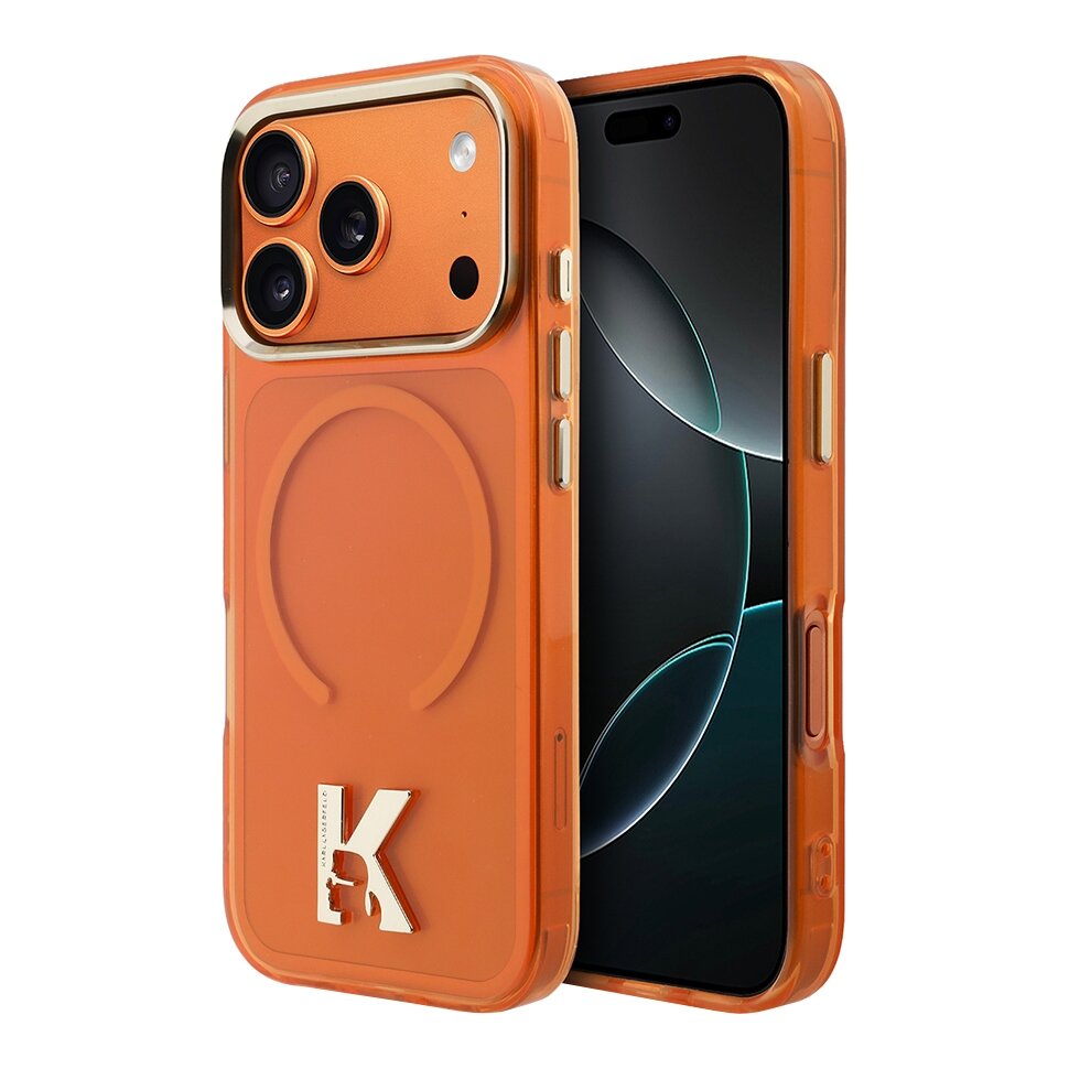 Karl Lagerfeld чехол с MagSafe для iPhone 17 Pro, IML K HEAD Metal logo & Camera, оранжевый