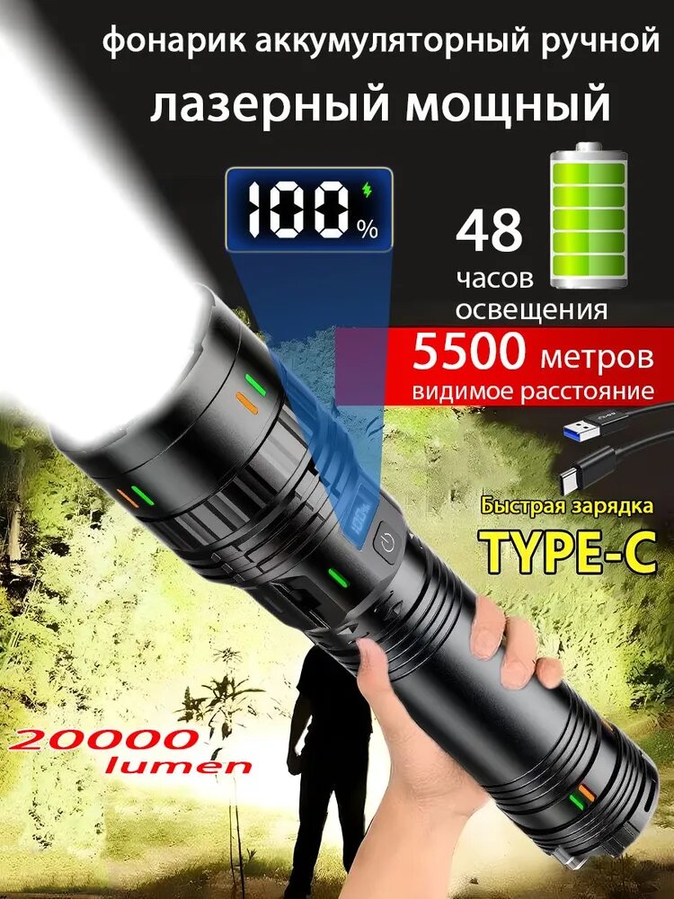 Фонарь-прожектор NightCaw аккумуляторный ручной лазерный мощный 20000 люмен IPX8