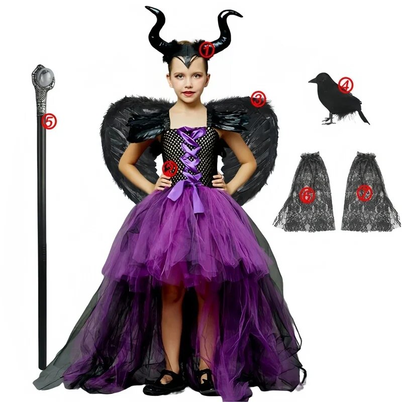 Костюм Малефисенты Для Девочек: Нарядное Платье Из Фатина, Вечернее Платье Злой 6-7T(L), 6Pcs Set