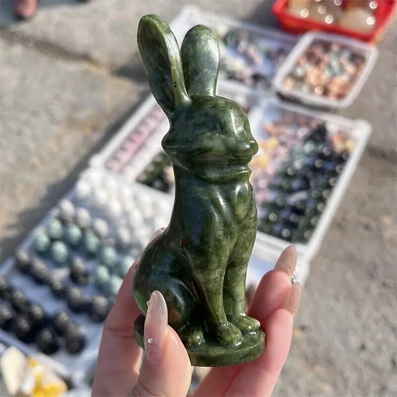Натуральный офиолит 12 см: Резная фигурка кролика, камень для Рейки и Фен-шуй, украшение для дома, праздничный подарок, 1 шт.