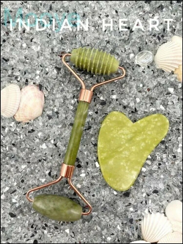 Нефритовый массажный набор гуаша : Мезороллер и скребок гуаша, Роллер и массажер для лица