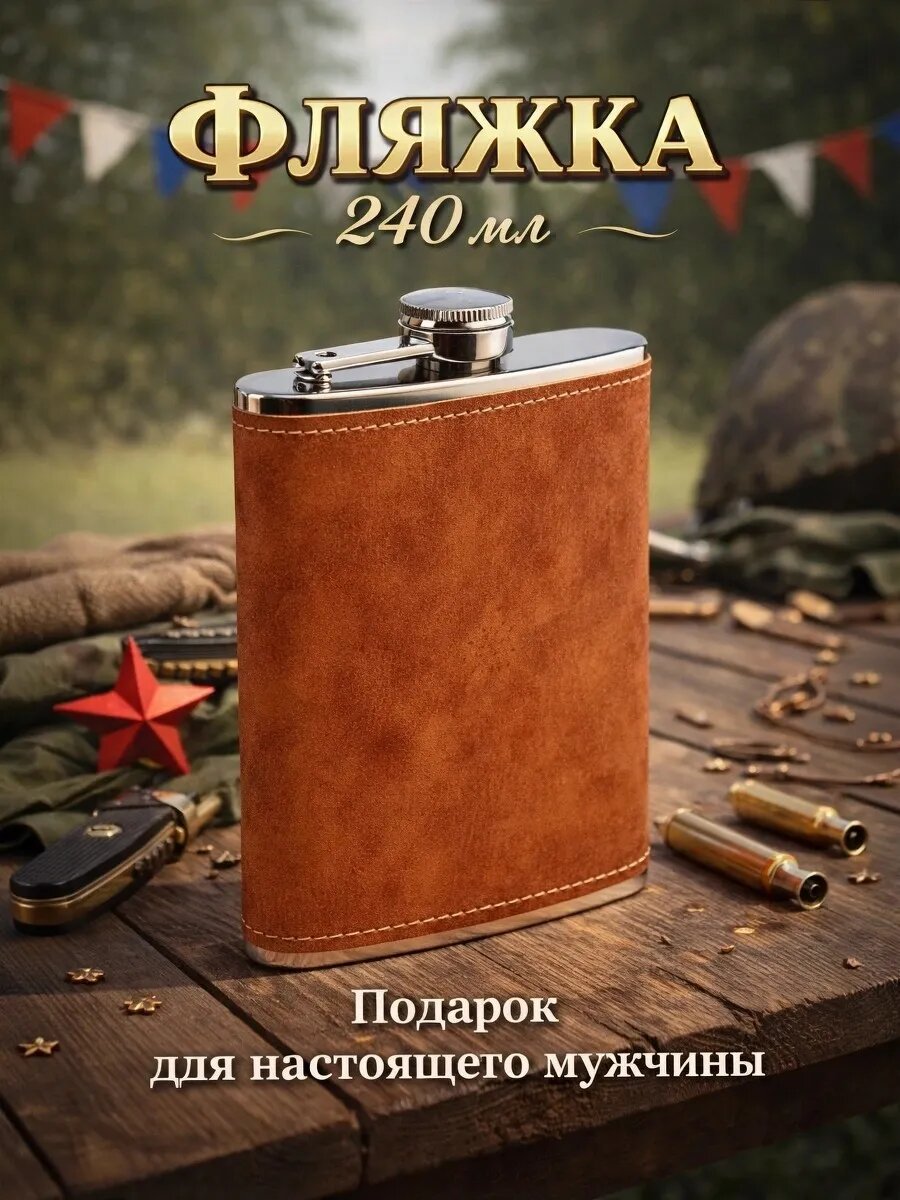 Фляжка Мастер К, 240 мл, подарочная, армейская, 8 oz, нержавеющая сталь, коричневая