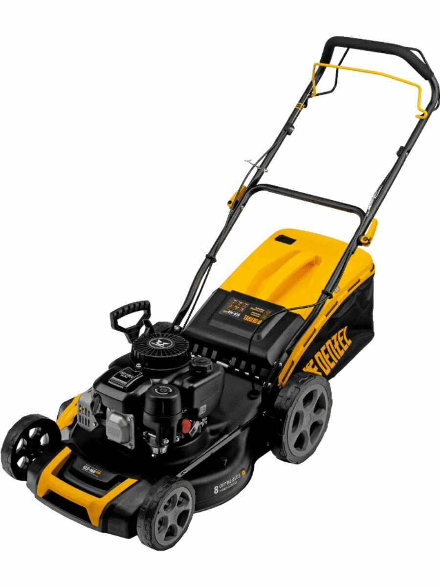 Газонокосилка бензиновая роторная DENZEL GLR-460SP-ZS, 149 см3, ширина 46 см, 65 л, 8 уровней, желтая/черная, 58824