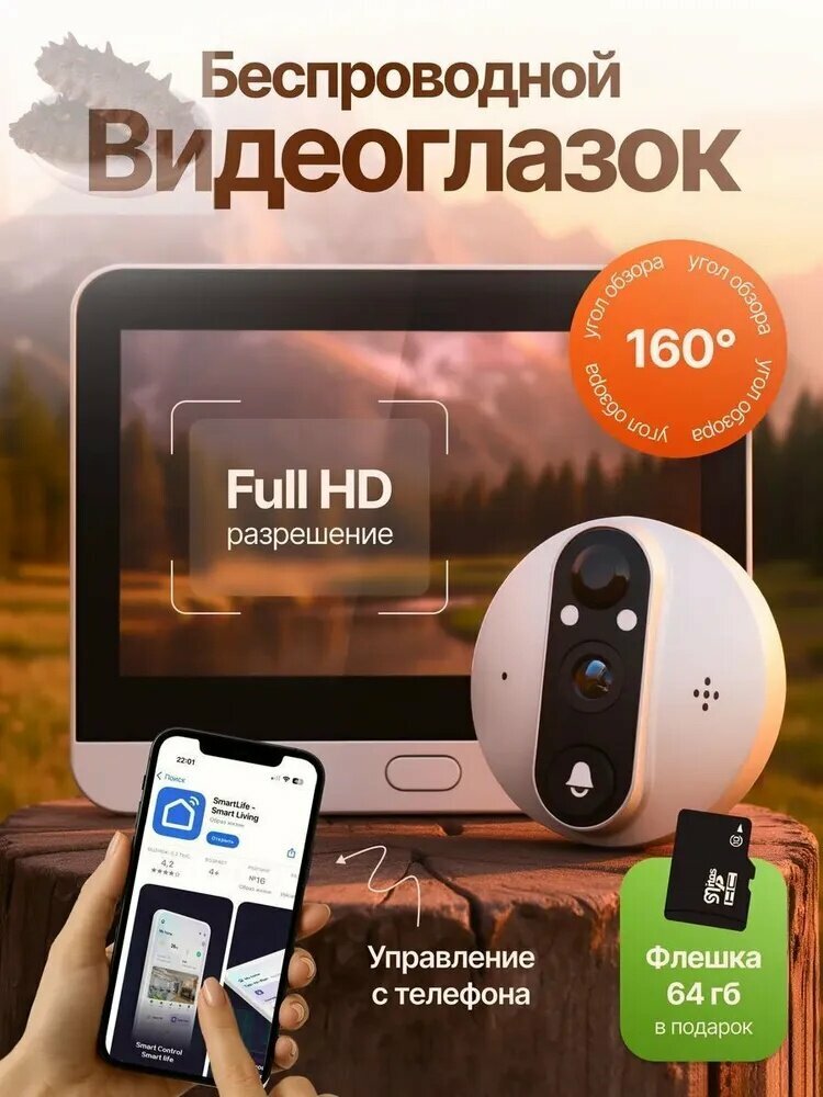 Видеоглазок для входной двери с фото записью и звонком, 4,3-дюймовый Wi-Fi-глазок домофона с камерой ночного видения 1080P