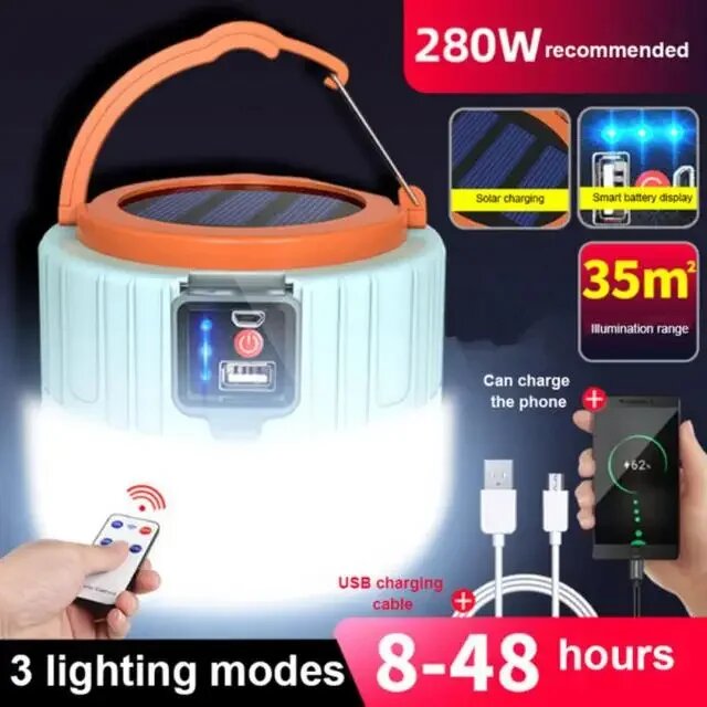 Светодиодный фонарь портативный 280W с солнечной зарядкой и пультом