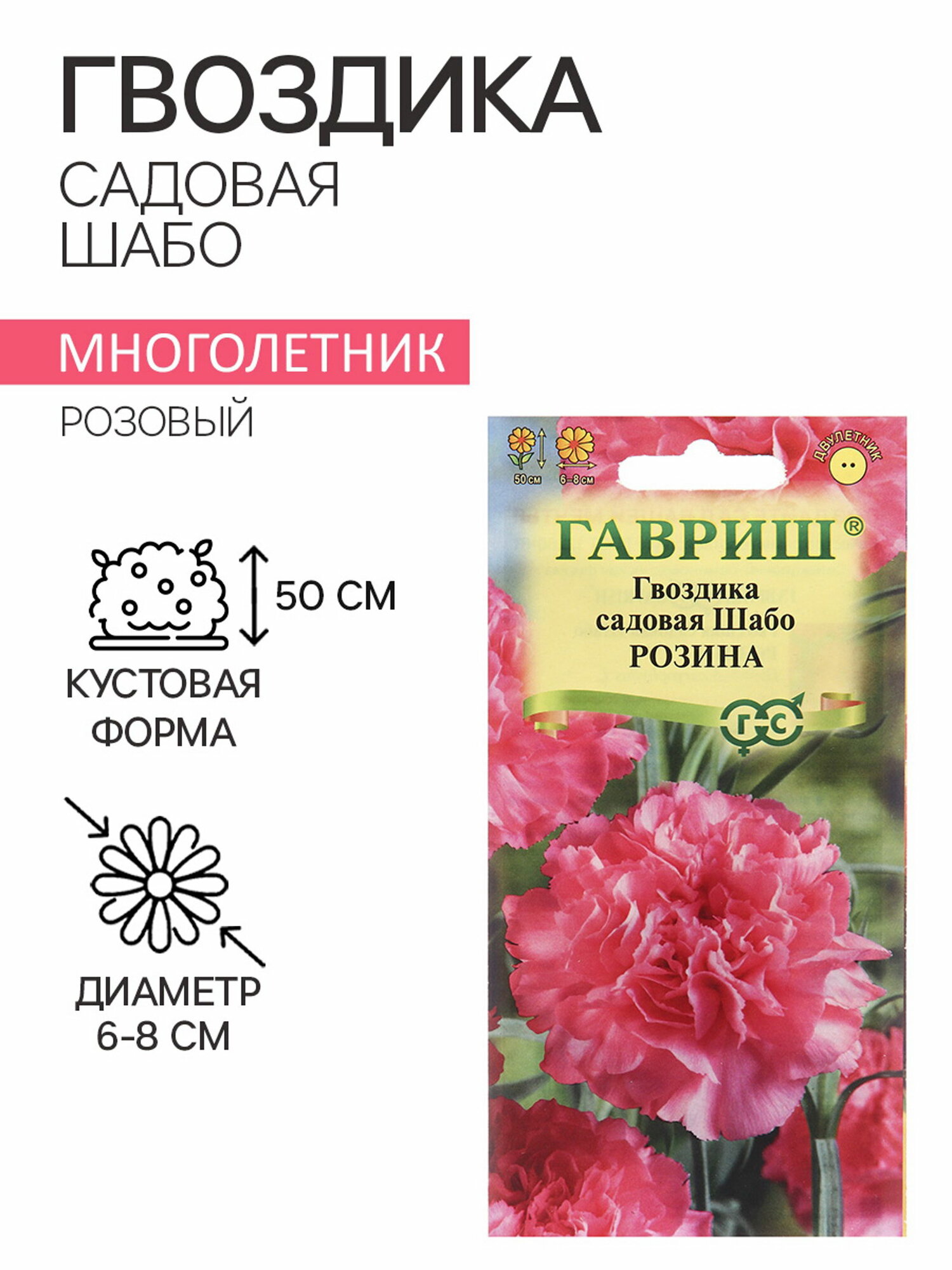 Семена цветов Гвоздика садовая "Шабо Розина", 0.05 г, двулетник, 3 шт.