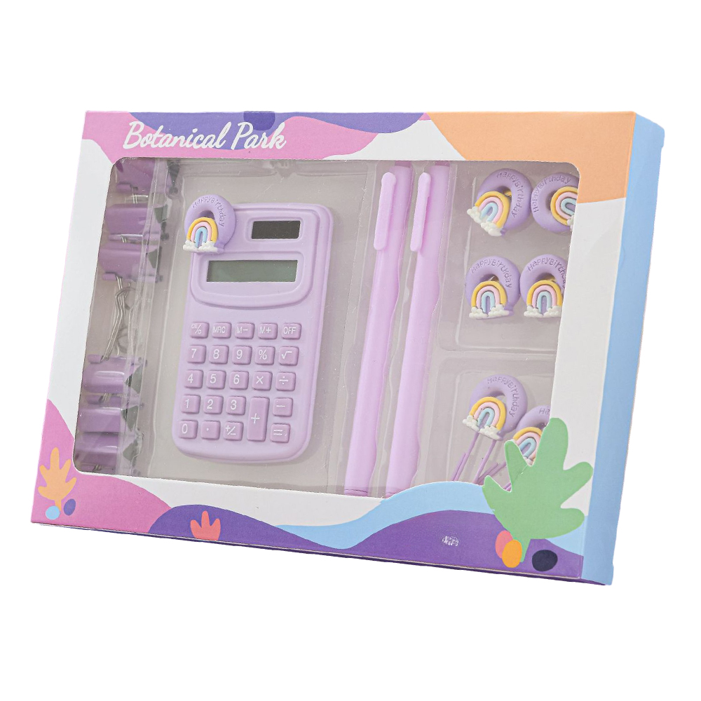 Калькулятор Основной Фиолетовый Настольные Канцелярские Товары С Набором Длинных Скрепок, Ручек, Закладок, Пятаков Для Организации Документов Математика Для Школы, Офиса, Дома, Класса Розовый Зеленый 24x2.5x16.5cm 205g 7 Скрепок 1 Калькулятор 2 Ручки 4