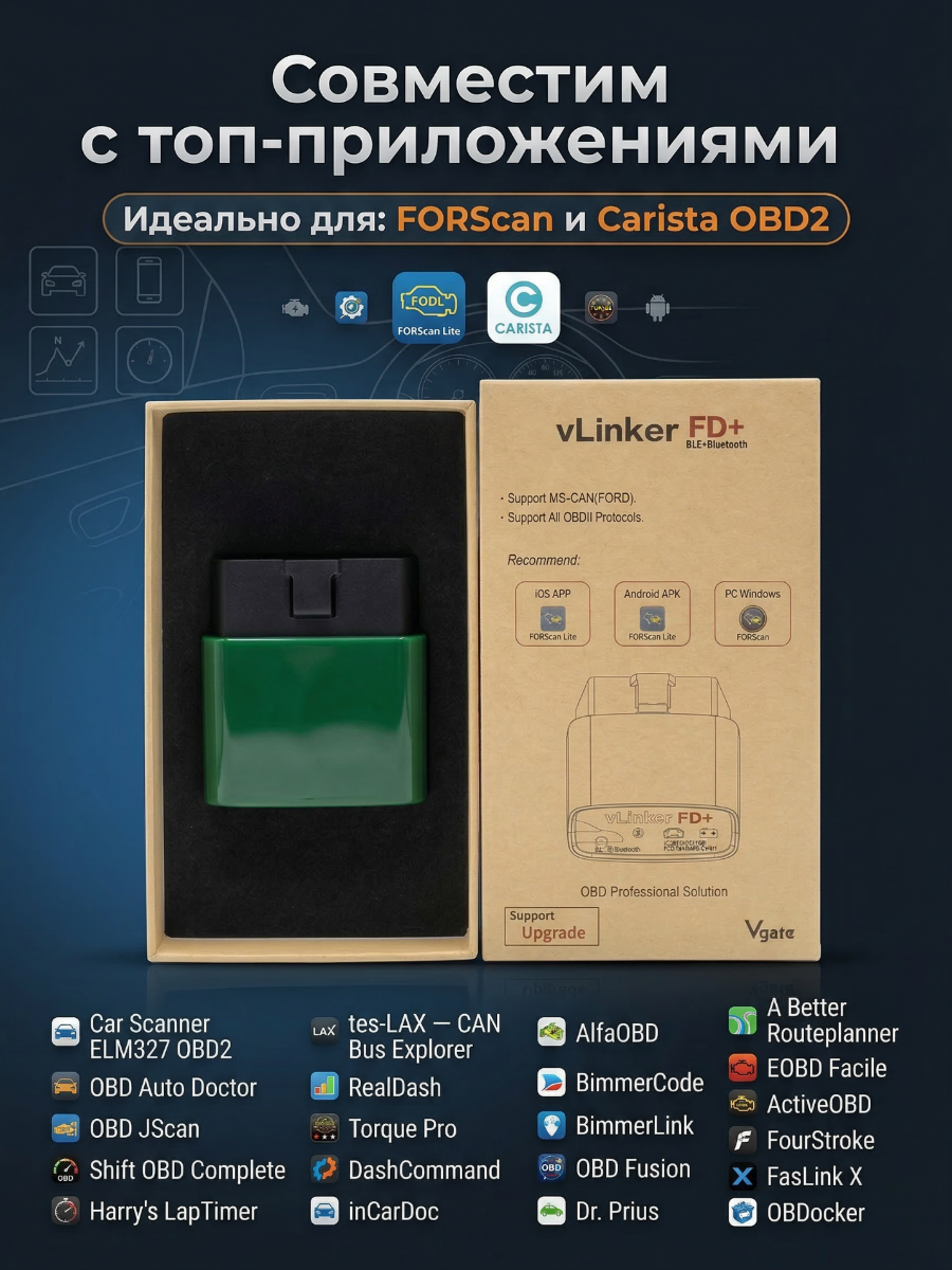 Адаптер Vgate vLinker FD+ V2.2 Bluetooth 4.0 для FORScan Ford и Mazda — фото 1