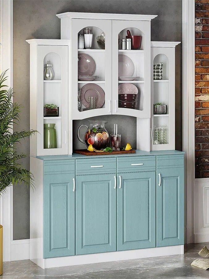 Буфет для кухни Констанция, кухонный шкаф витрина для посуды напольный с фасадами МДФ, 140х225х43 см, Голубой, Белый/Белый матовый