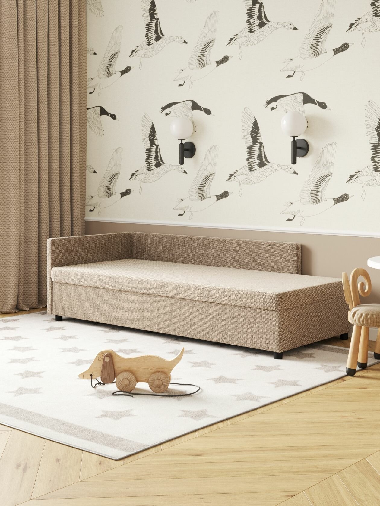 Диван кровать прямой Дакс ящик для хранения, 80х190 см спальное место, Светло-бежевый, рогожка