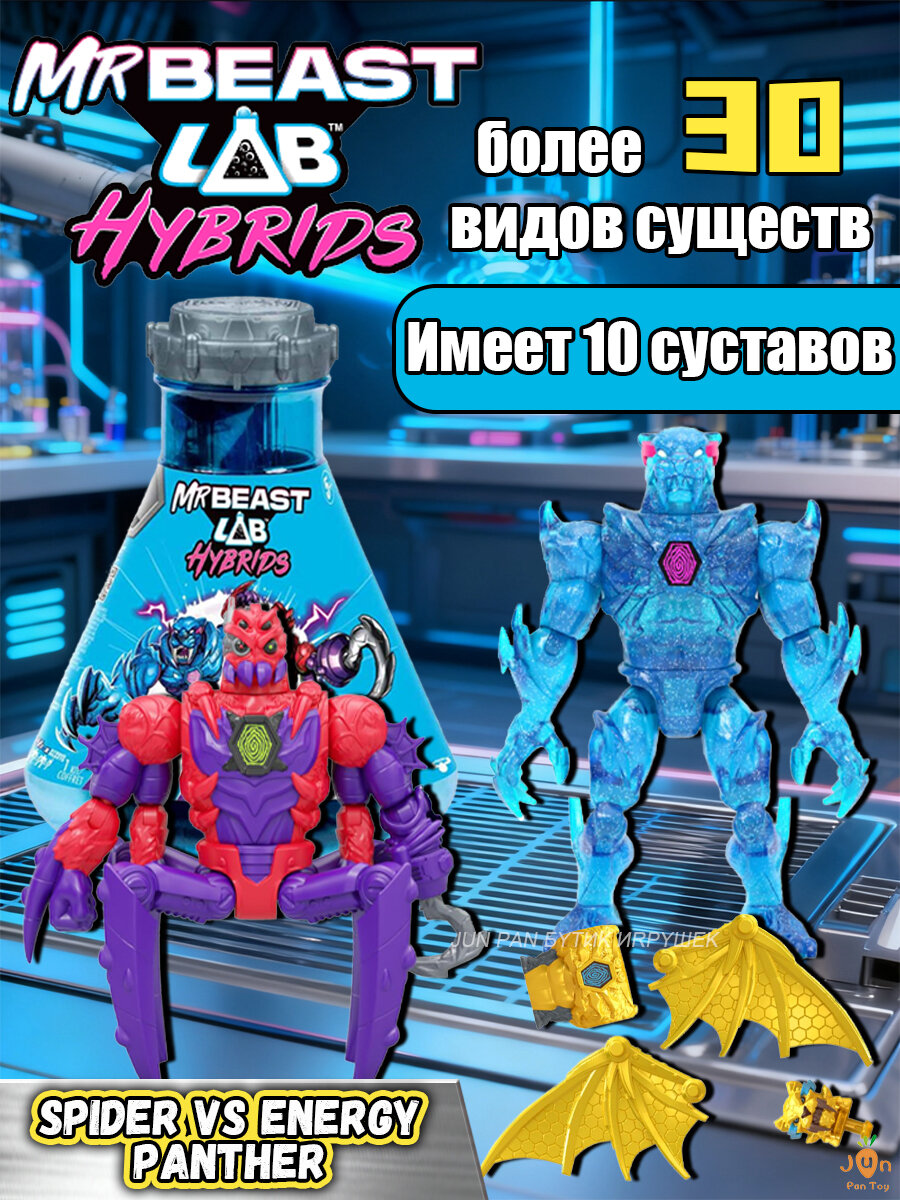 MrBeast Lab Hybrids 2 Pack - Spider vs Energy Panther / детские игрушки, Звериная лаборатория, включающая две фигурки и аксессуары, для сборки