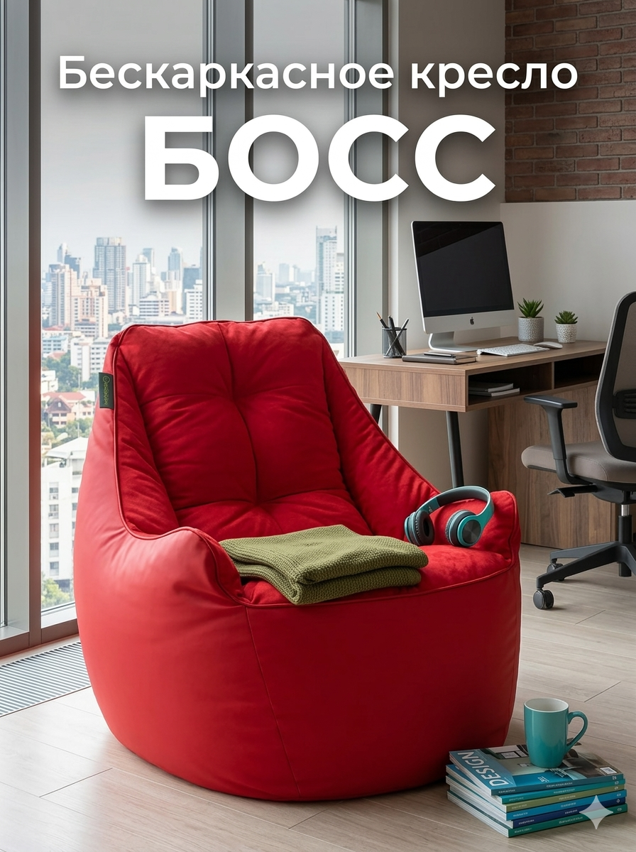Кресло-мешок Пуффбери «Босс», размер большой, Эко-кожа и велюр Красный