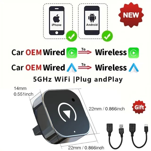 Беспроводной адаптер CarPlay для автомобилей Android и Apple, проводной и беспроводной блок AI с USB-подключением, совместимый с Volvo, Mercedes-Benz, Kia, Chery, Volkswagen и другими моделями.