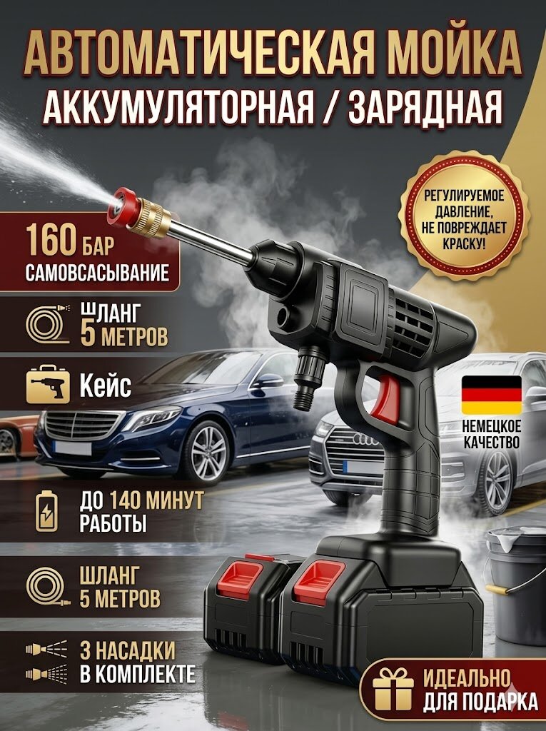 Мойка высокого давления HIOMEE, 1000Вт, портативная, аккумуляторная, с фильтром, в кейсе