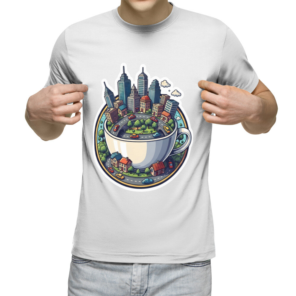 Мужская футболка «Миниатюра, город внутри кофейной кружки» (белый, 3XL)