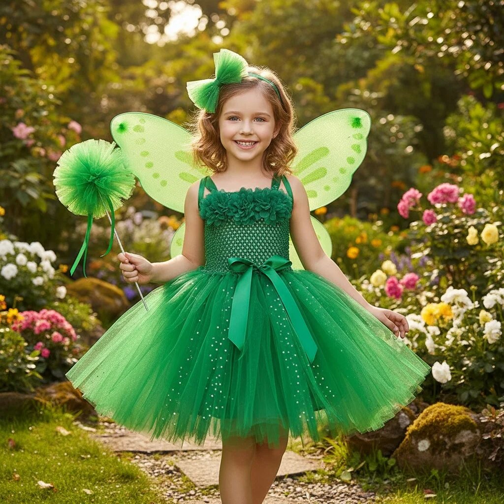 Блестящие зеленые костюмы феи для девочек, платья принцессы с лесными эльфами 6Т, армейский зеленый