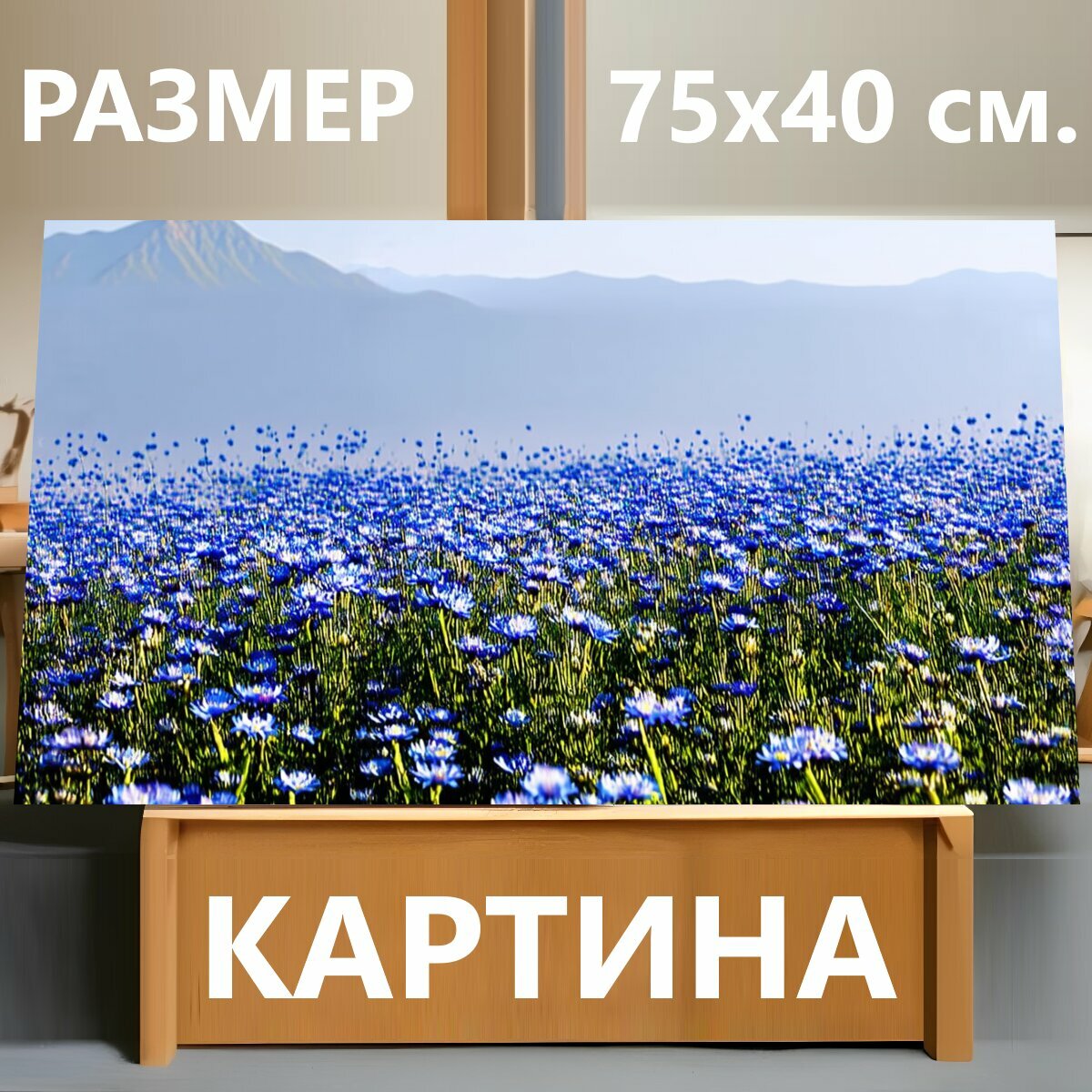 Картина на холсте "Поле васильков, полное ярких синих цветков, простирается до самого горизонта, на фоне которого виднеются горы с лёгким." на подрамнике 75х40 см. для интерьера