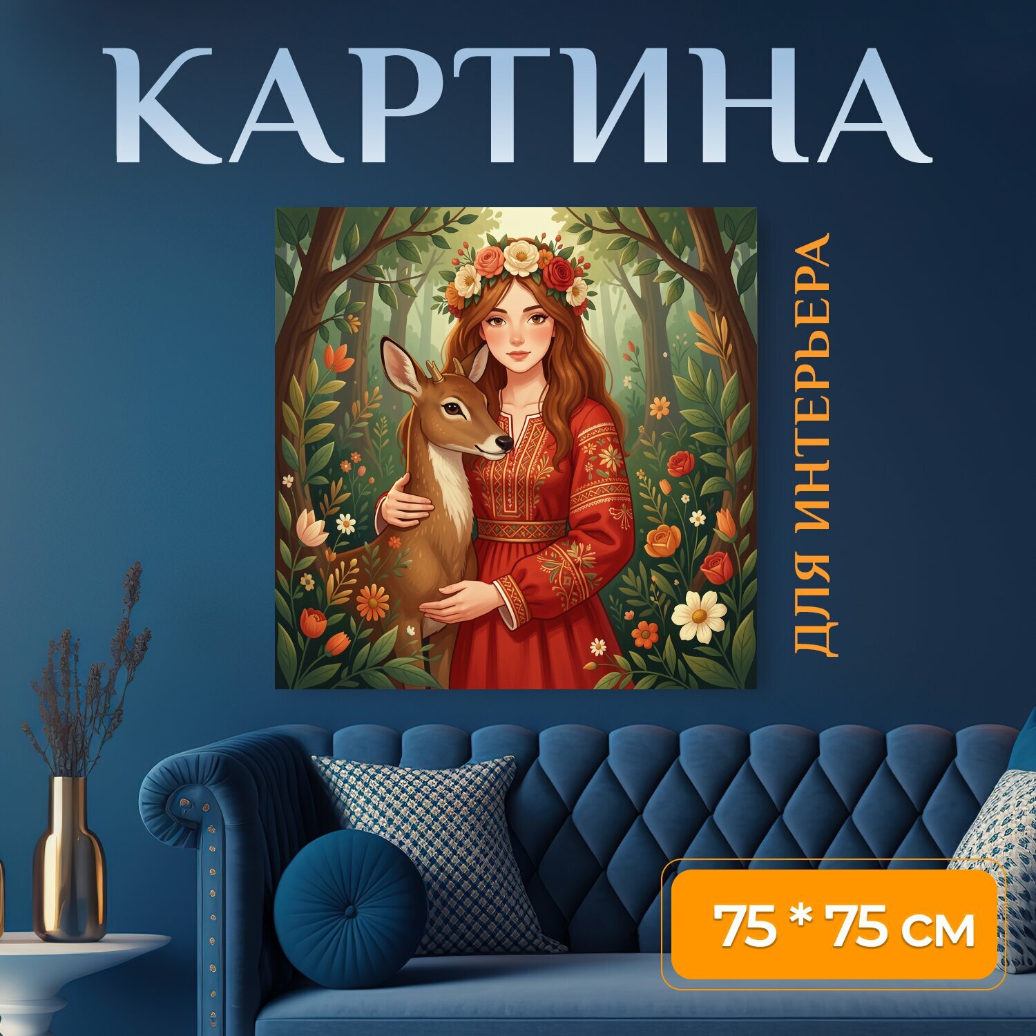 Картина на холсте "Девушка с олененком в лесу. Нежный сказочный образ юной красавицы в красном вышитом платье с венком из цветов, рядом." на подрамнике 75х75 см. для интерьера