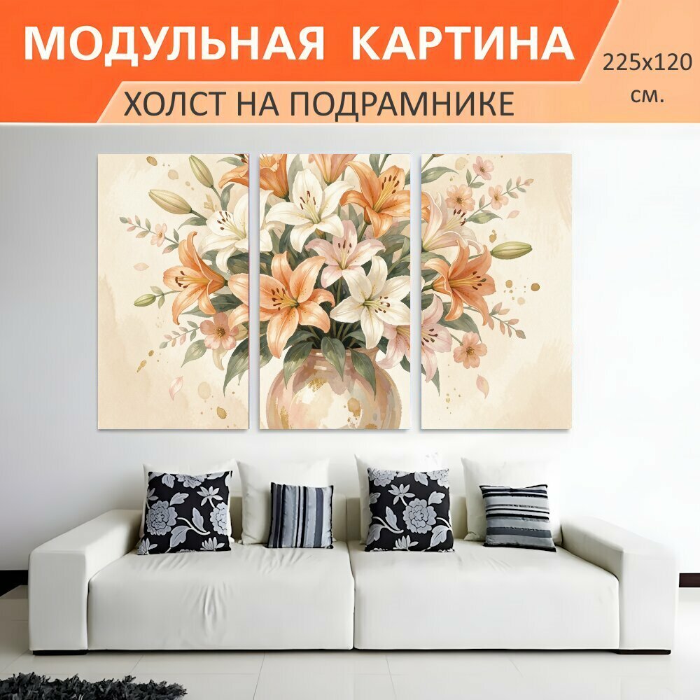 Модульная картина на холсте "Лилии в пастельной вазе. Нежная акварельная композиция с букетом лилий и мелких цветков в круглой." триптих на подрамнике 225х120 см. для интерьера