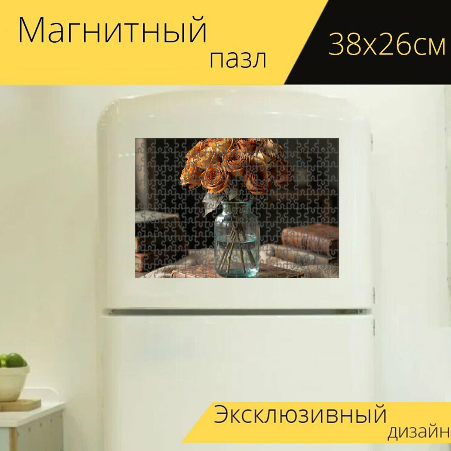 Магнитный пазл "Букет из сухих роз теплых оттенков в стеклянной прозрачной бутылке" для интерьера, 38х26 см.