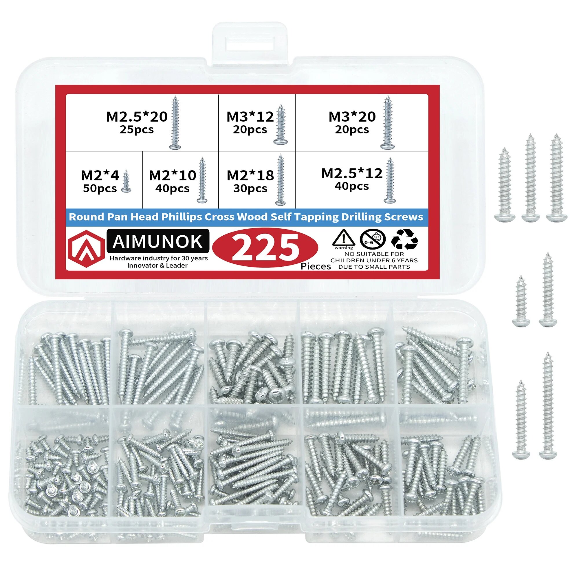 225 шт, набор саморезов разных размеров, оцинкованная углеродистая сталь для дерева/металла/пластика, мебели, фиксации и наружного забора