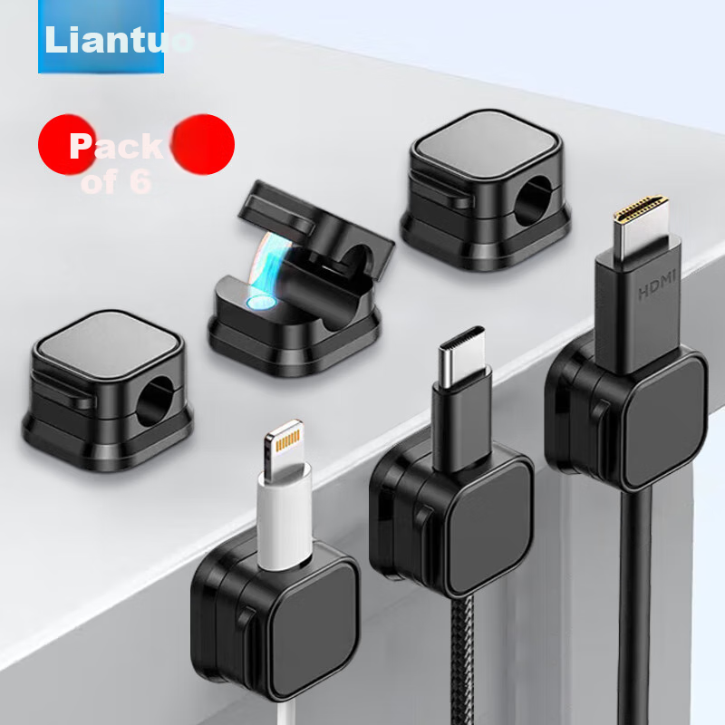 LinkStone Магнитный кабель-менеджер для стола - Самоклеящийся органайзер для проводов с 6 черными элементами, без