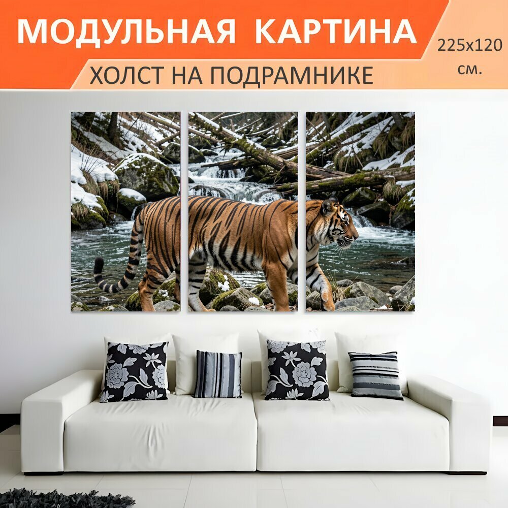 Модульная картина на холсте "Тигр у зимней реки. Полосатый хищник на каменистом берегу горного потока среди поваленных деревьев и." триптих на подрамнике 225х120 см. для интерьера