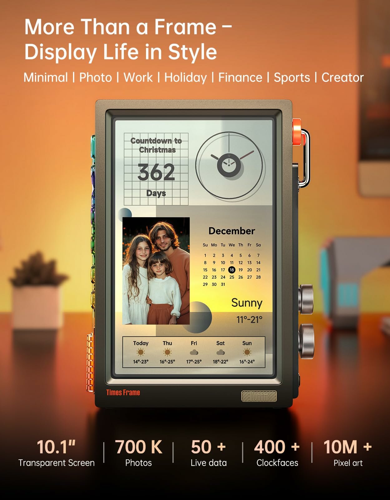 Divoom Times Frame прозрачная цифровая фоторамка 10,1 дюйма, ОС Smart Linux, RGB-светодиодная ручка, Wi-Fi, 64 ГБ, более 400 циферблатов