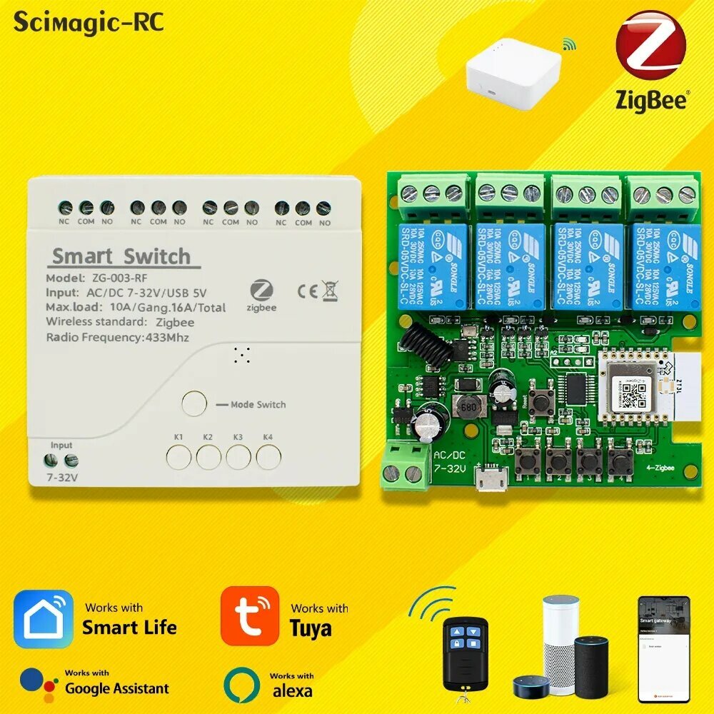 Zigbee Tuya 3.0 WIFI 4 канала умный переключатель модуль AC DC 12V 24V RF433MHz дистанционного управления выключатель света 10A самоблокирующийся реле