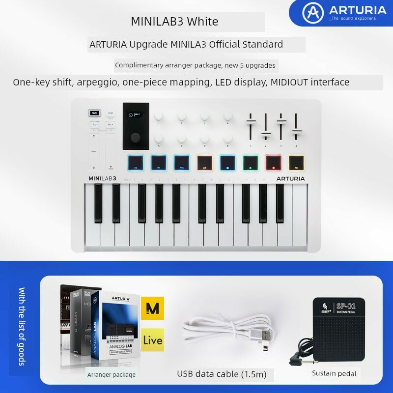 Arturia Minilab3 25-Клавишная USB-C MIDI Клавиатура с Педалью и Программой для Музыки, Белый