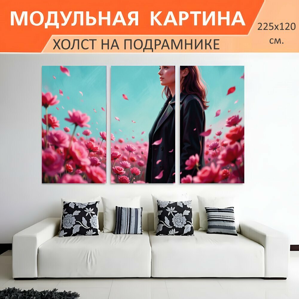 Модульная картина на холсте "Девушка в цветущем поле. Девушка в темном пальто среди розово-красных цветов, вокруг летят лепестки." триптих на подрамнике 225х120 см. для интерьера