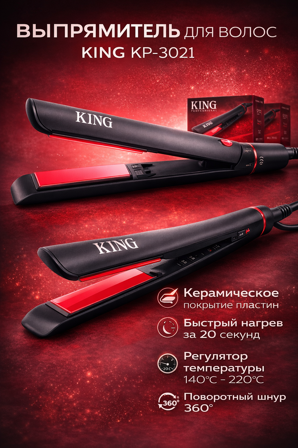 Выпрямитель для волос KING KP-3021 керамический быстрый нагрев Orvex профессиональный стайлер