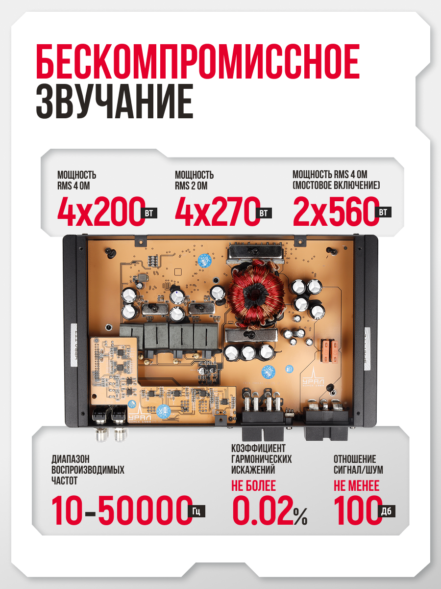 Усилитель Урал ТТZ 4.200, 4-канальный, мостовой режим, черный — фото 1
