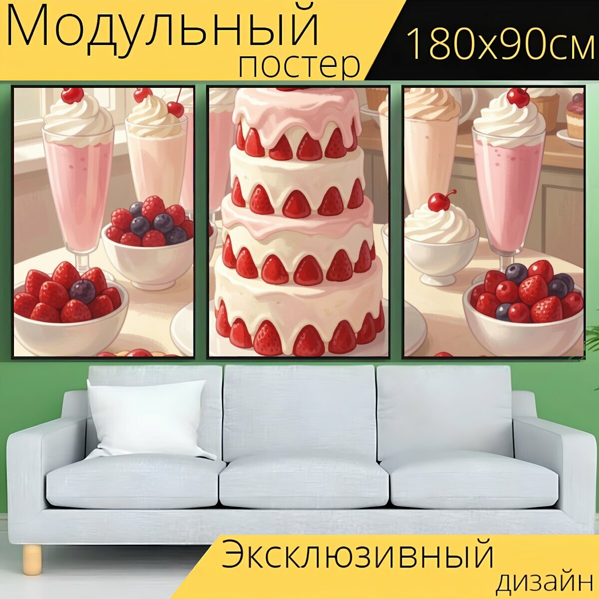 Модульный постер "Клубничный десертный стол. Сладкая композиция в пастельных тонах: многоярусное лакомство с ягодами, пирожные." 180 x 90 см. для интерьера на стену в тубусе