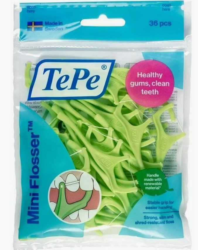 Зубная нить TePe "GOOD Mini Flosser", плоская, зелёная, 36 штук