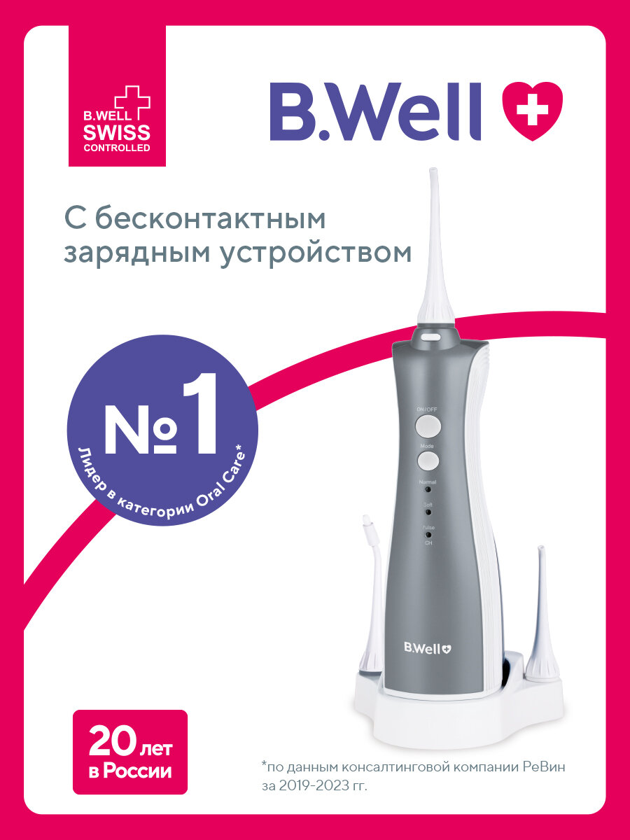 Ирригатор для полости рта портативный B.Well TH-912 с беспроводным зарядным устройством, 5 насадок