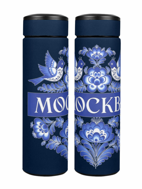 Термос «Москва. Синие цветочные орнаменты и птички» (темно-синий)